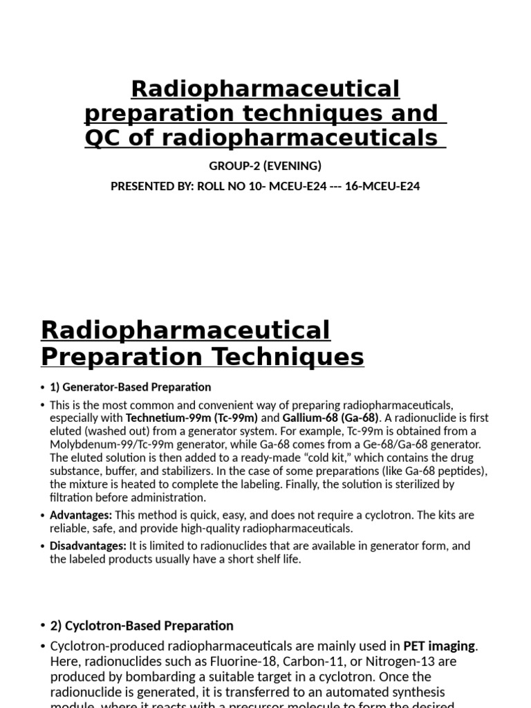 Radiopharmaceutical Preparation Techniques and | PDF | Chemistry