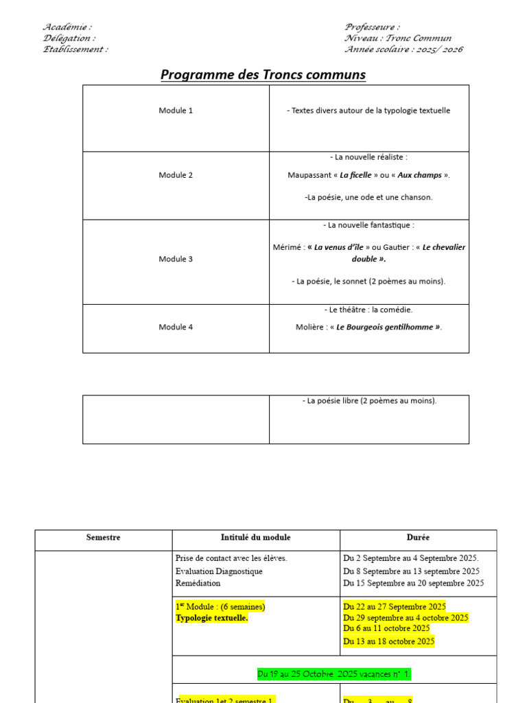 Planification annuelle tronc commun français | PDF