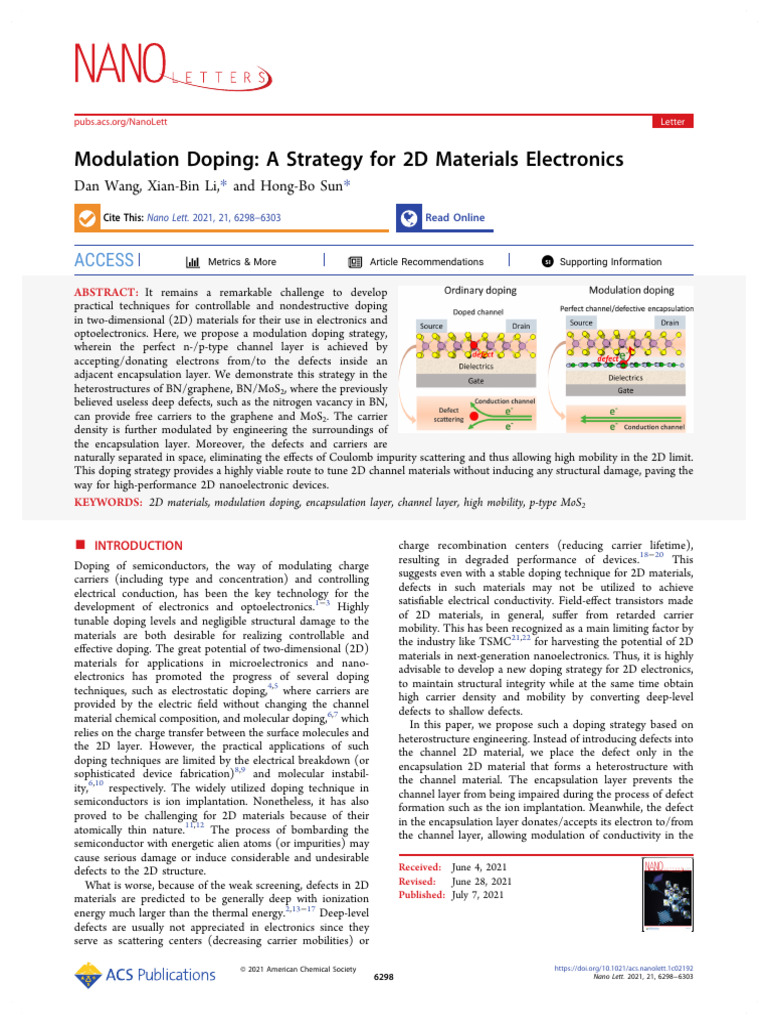 Modulation Doping in 2D Materials | PDF | Graphene | Doping (Semiconductor)