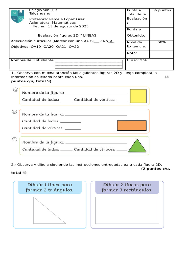 Evaluación de Figuras 2D en Matemáticas | PDF