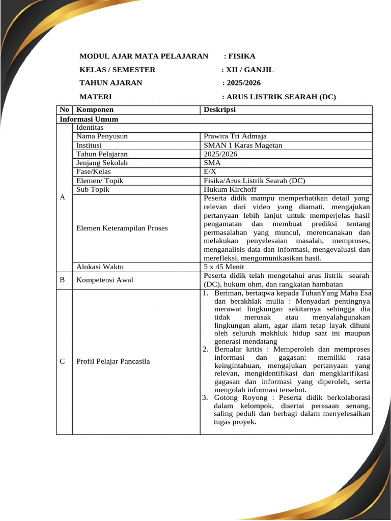 Modul Ajar Fisika: Arus Listrik DC | PDF