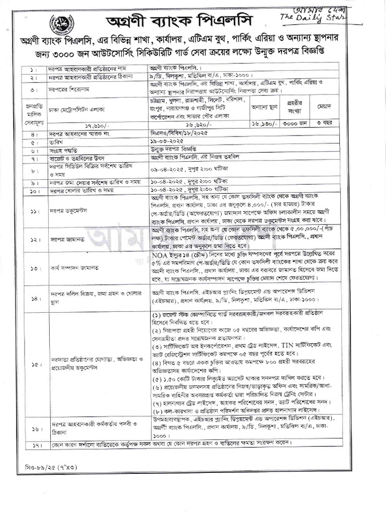 Tender Invitation For Outsourcing Security Guard of Agrani Bank PLC ...