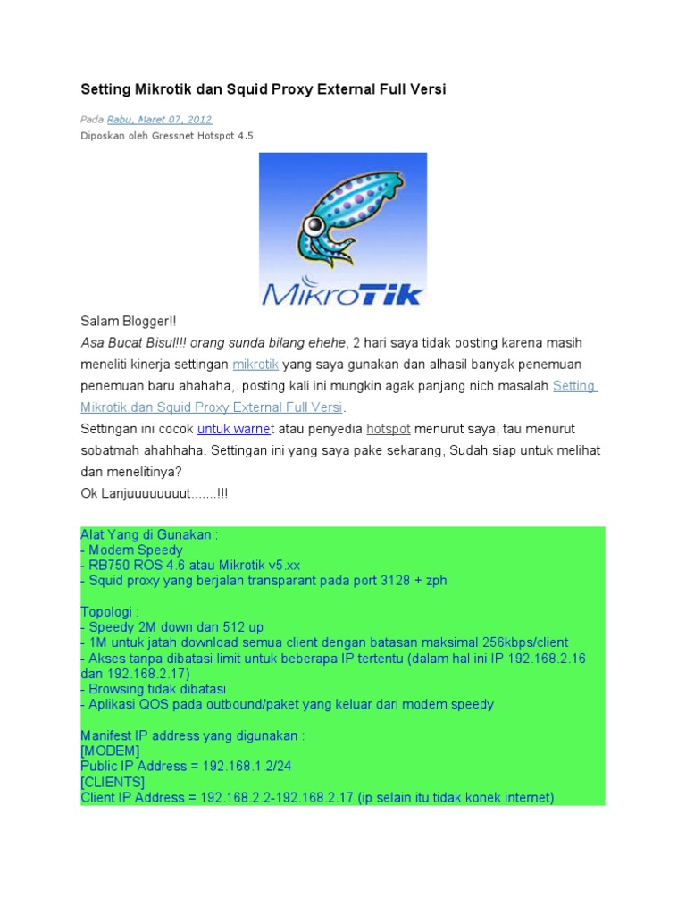 Setting Mikrotik Dan Squid Proxy External Full Versi | PDF