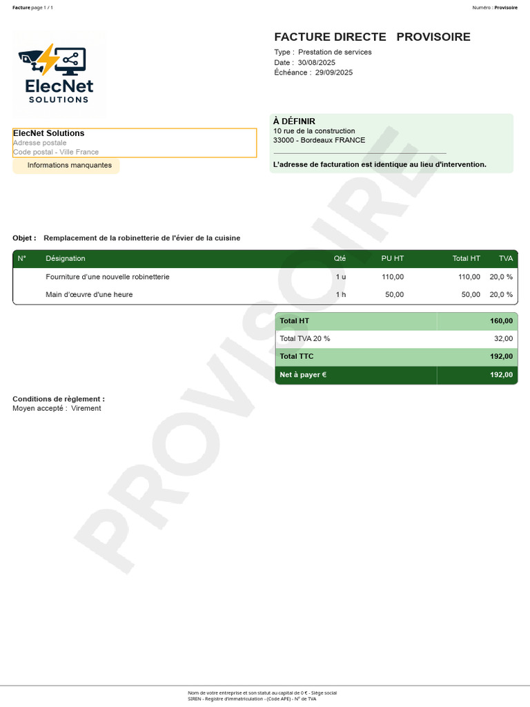 Facture Provisoire - Robinetterie Cuisine | PDF | Facture