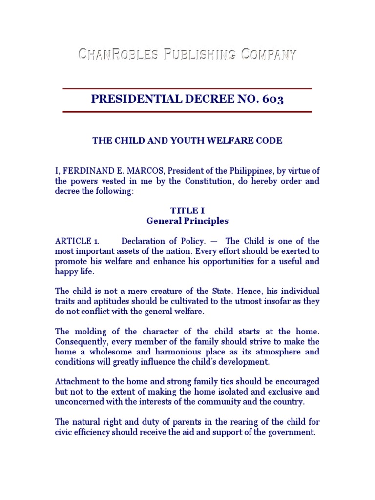 Presidential Decree No. 603, The Child and Youth Welfare Code | Legal ...