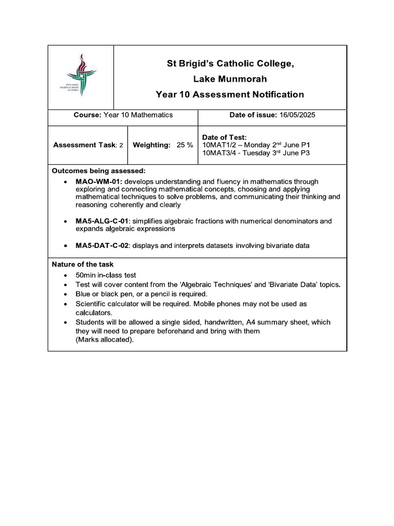 Year 10 Maths Assessment Notification | PDF