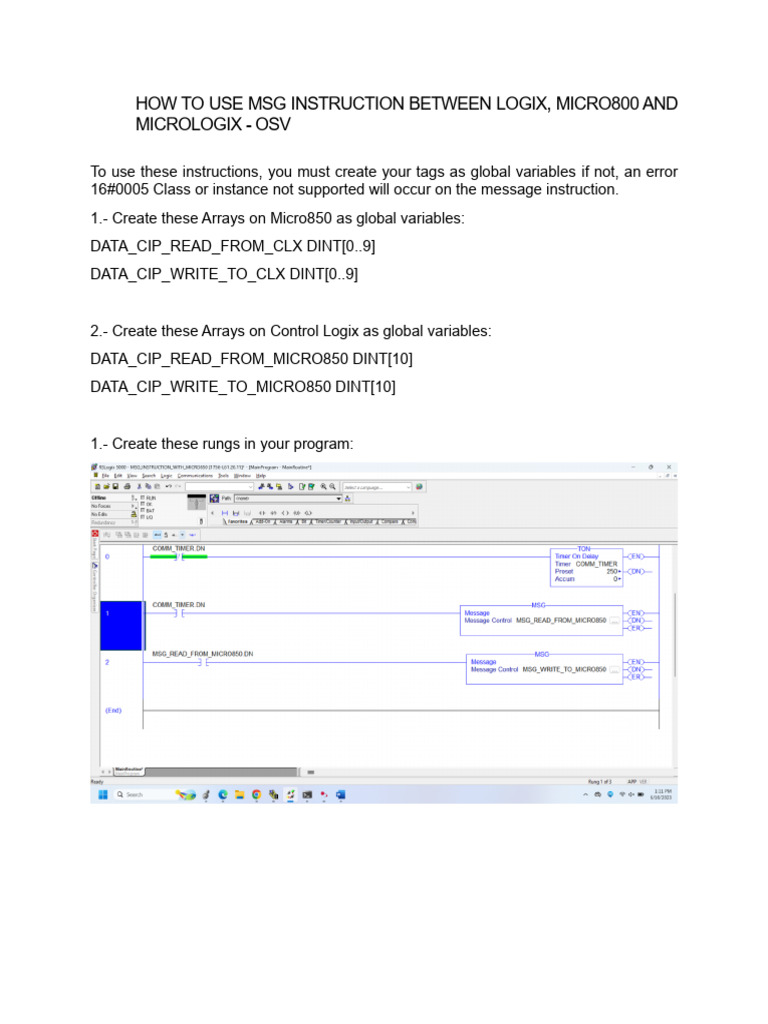 How To Use MSG Instruction Between Logix, Micro800 and Micrologix | PDF