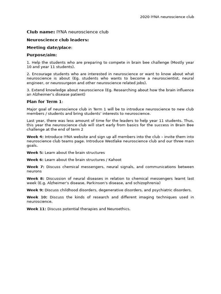 IYNA Neuroscience Club Term 1 Plan | PDF