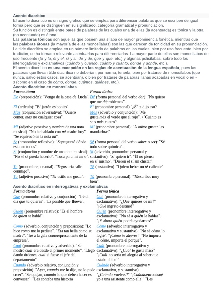 Acento Diacrítico en Español: Uso y Ejemplos | PDF | Lingüística | Sintaxis