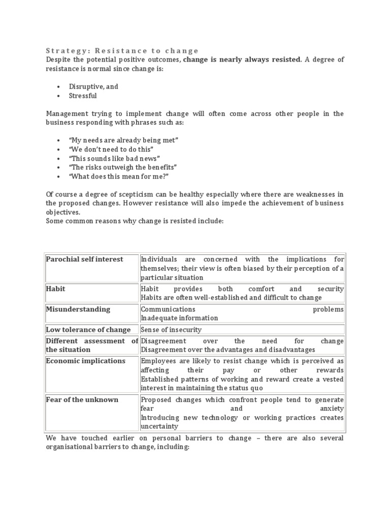 Strategy: Resistance To Change: Parochial Self Interest | PDF | Change ...