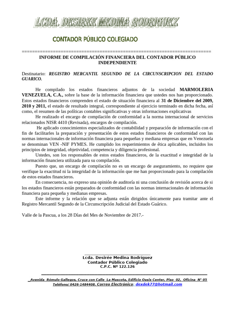 Informe de Compilación Financiera 2017 | PDF | Estado financiero | Contador