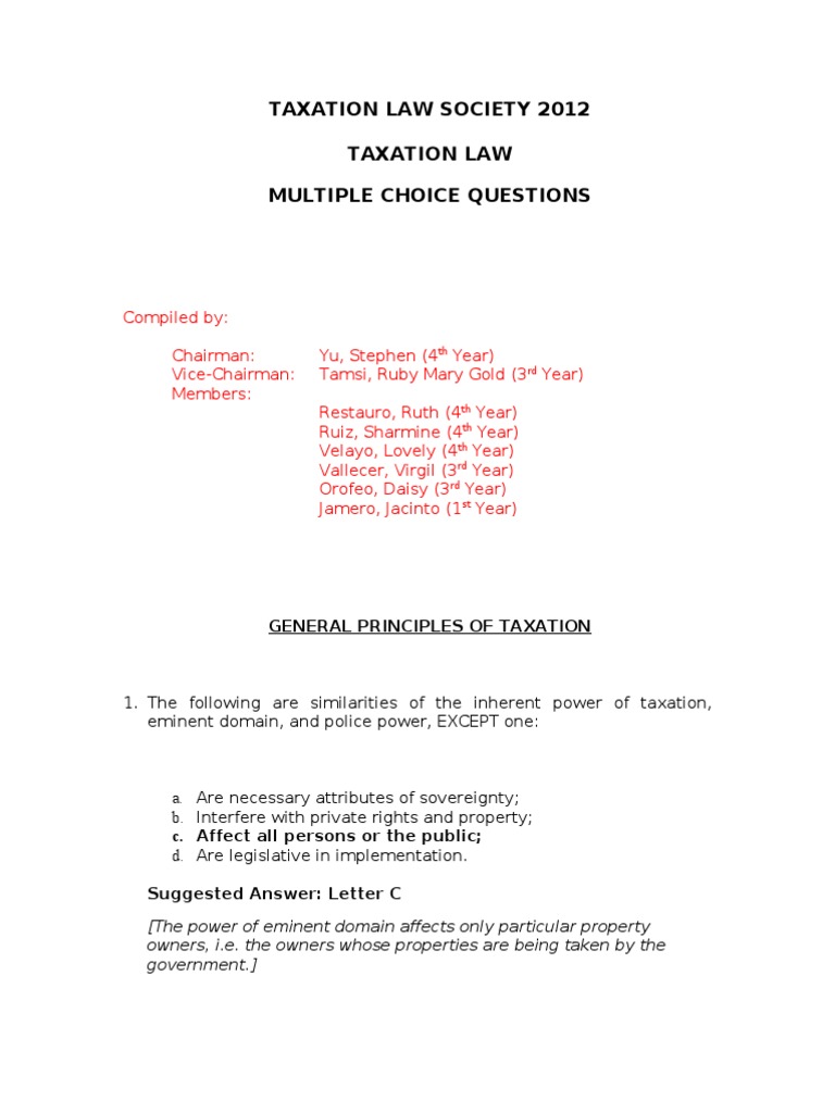 Taxation Law Multiple Choice Questions | PDF | Taxation In The United ...