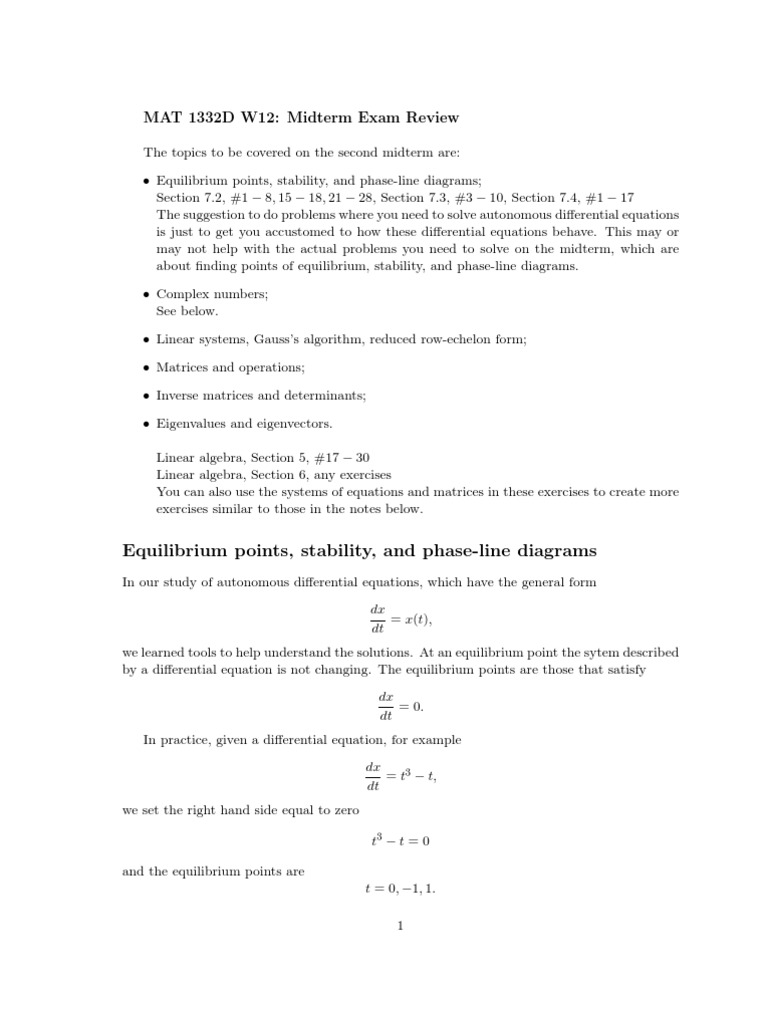 MAT 1332D W12: Midterm Exam Review: Equilibrium Points, Stability, and Phase-Line Diagrams | PDF ...