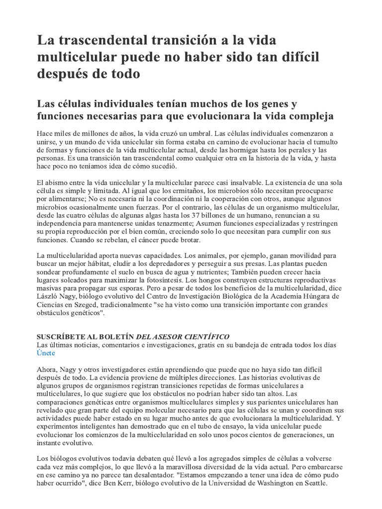 Transición A La Vida Multicelular | PDF