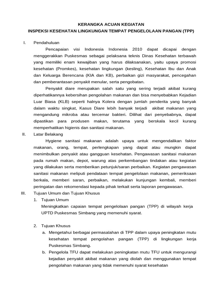 8 KAK Inspeksi Kesehatan Lingkungan Tempat Pengelolaan Pangan (TPP) | PDF