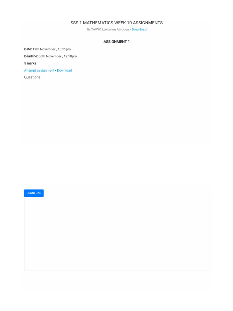 Sss 1 Mathematics Week 10 Assignment | PDF