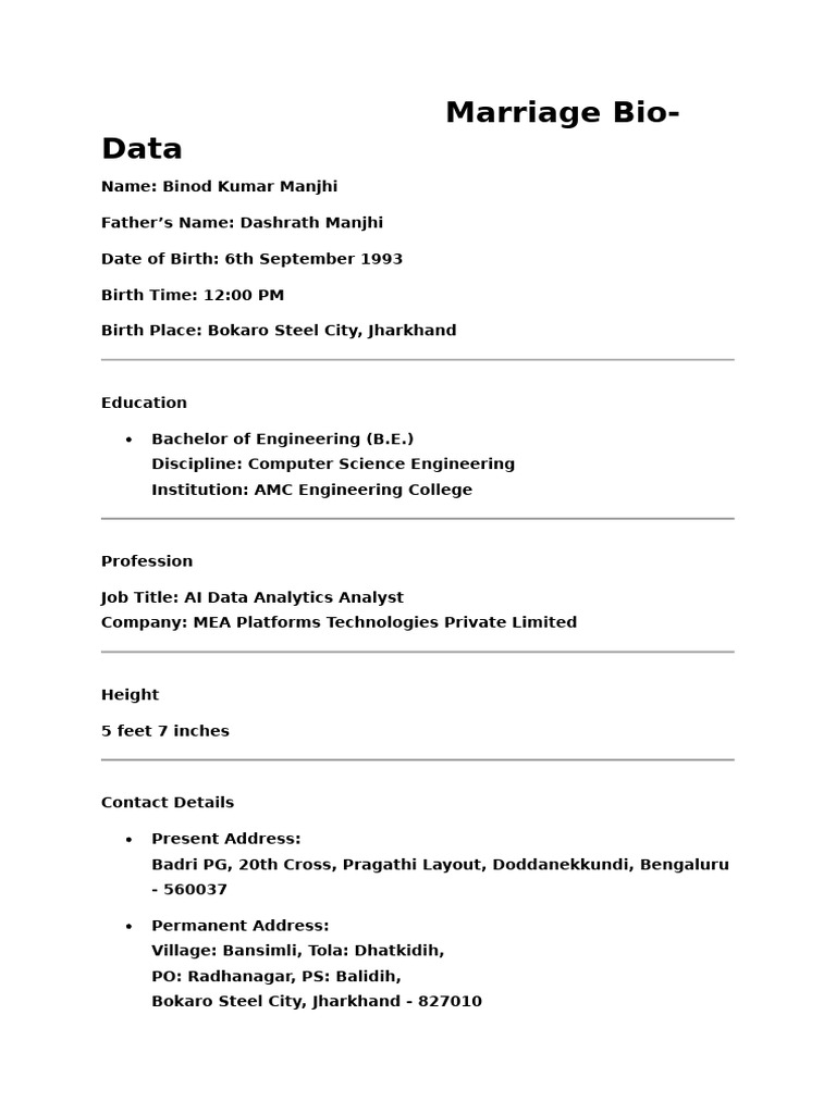 Binod Manjhi Bio-Data | PDF