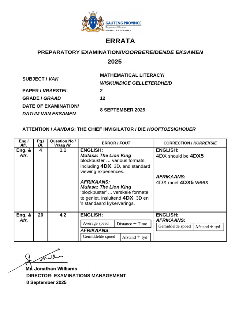 Errata - Mathematical Literacy p2 | PDF