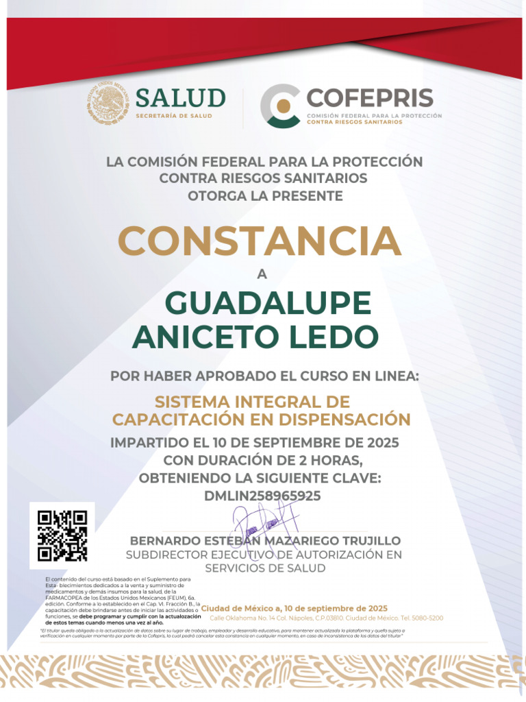 Constancia de Capacitación en Dispensación | PDF