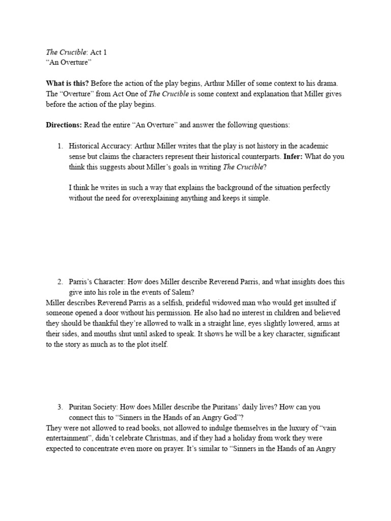 The Crucible Overture Questions | PDF | Witchcraft | Puritans
