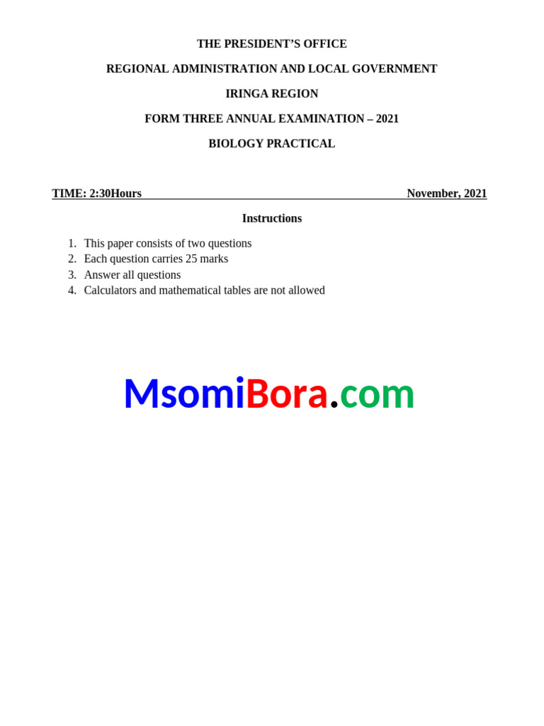 Form Three Biology Practical Exam 2021 | PDF