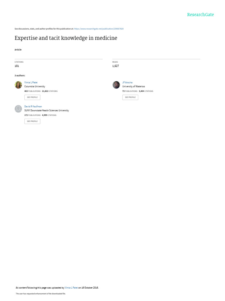 Expertise and Tacit Knowledge in Medicine | PDF | Expert | Knowledge