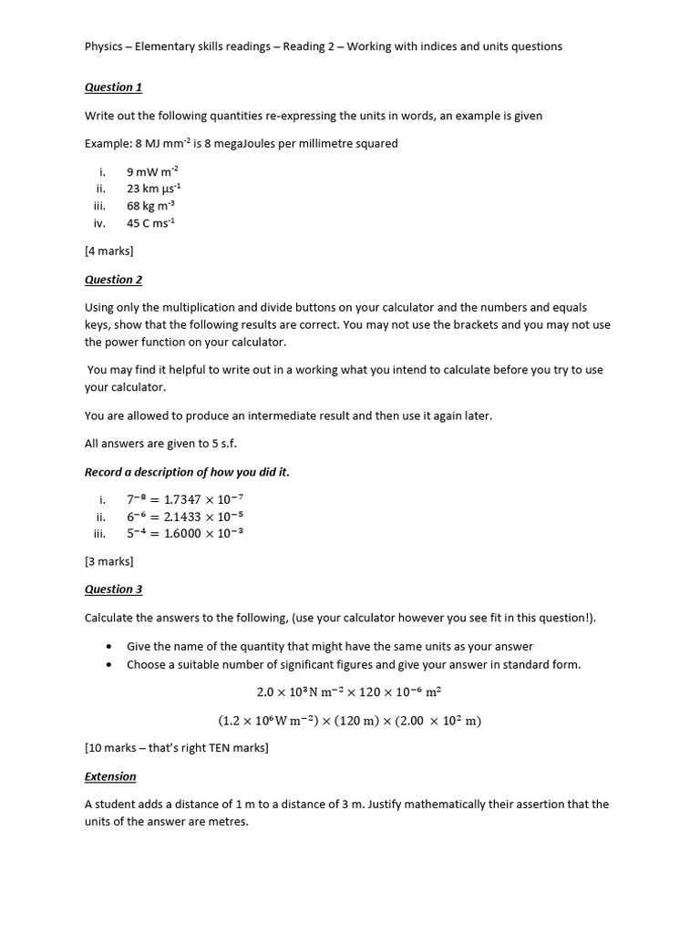 02 Working With Indices and Units | PDF