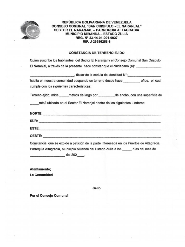 Constancia de Terreno Ejido San Crispulo El Naranjal | PDF