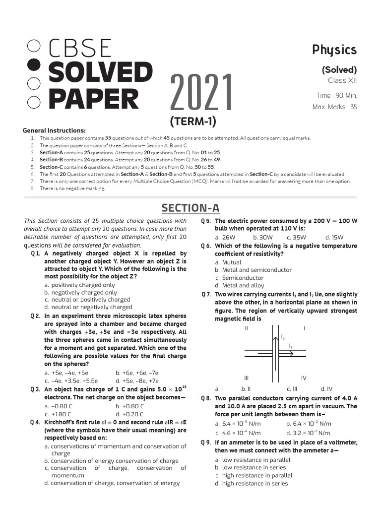 CBSE Solved Paper 2021 Term 1 Physics 12 | PDF | Inductor | Voltage