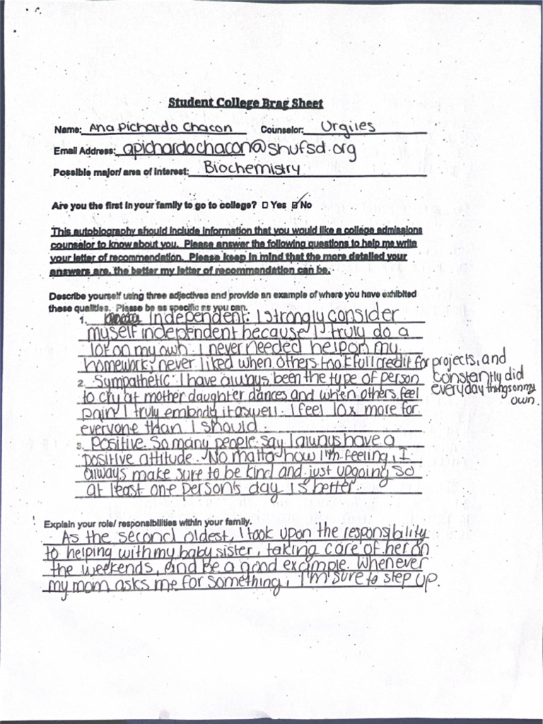 Student Brag Sheet | PDF