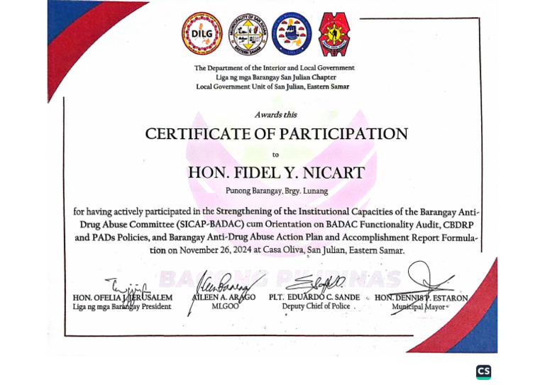 Certificate of Participation P.B. Strengthening BADAC - Brgy. Lunang | PDF