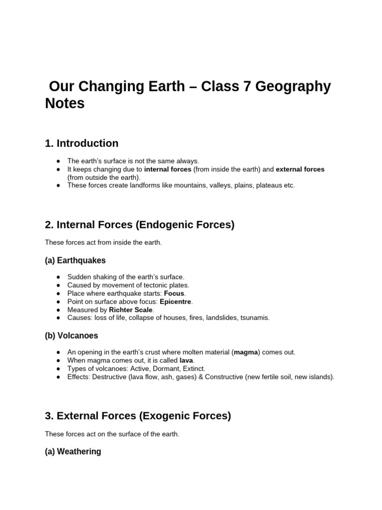 Our Changing Earth - Class 7 Geography Notes | PDF | Erosion | Volcano