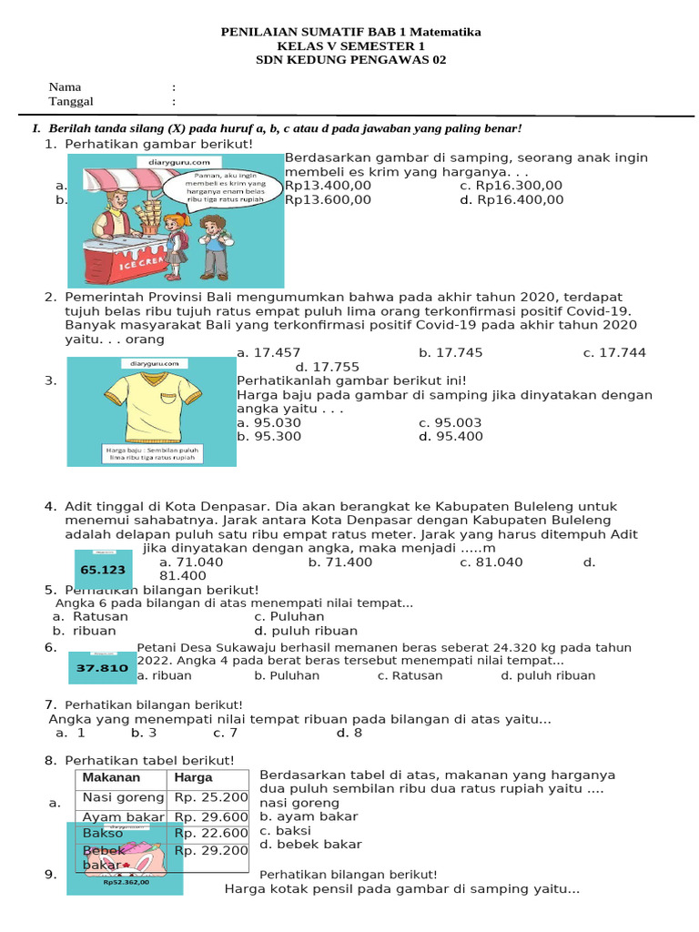Soal Matematika Kelas 5 Bilangan Cacah Sampai 100000 Kurikulum Merdeka | PDF