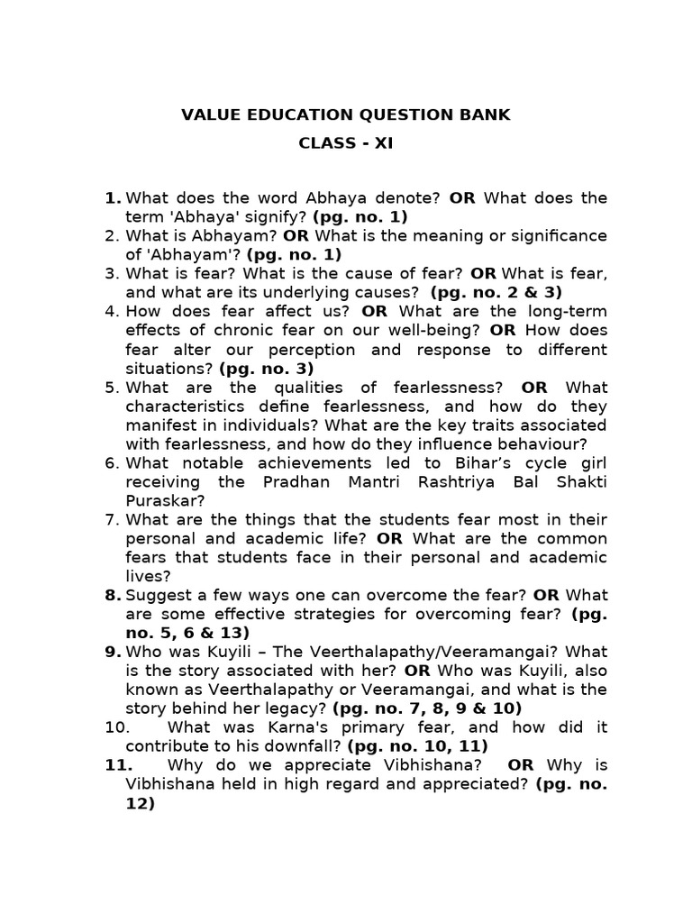 Class XI Value Education Question Bank | PDF
