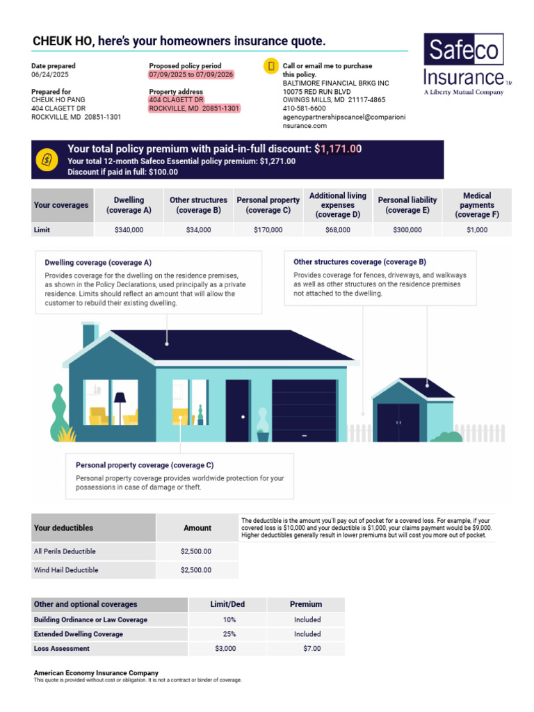 Homeowners Insurance Quote for Cheuk Ho | PDF | Deductible | Insurance