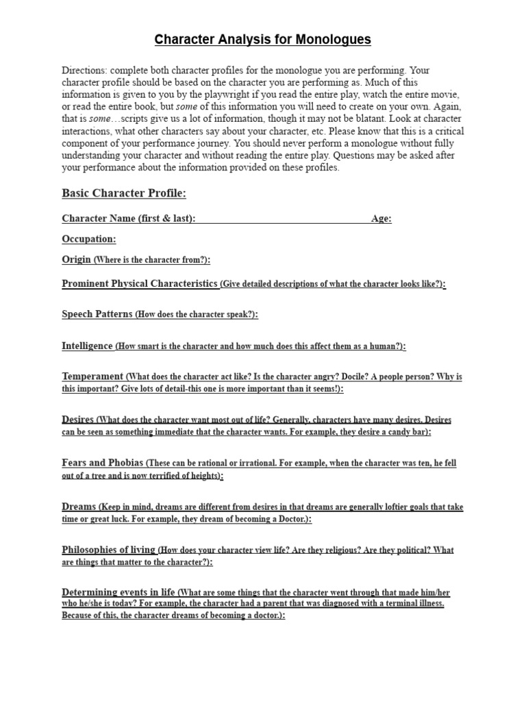 Character Profiles for Monologue Performance | PDF | Psychology ...
