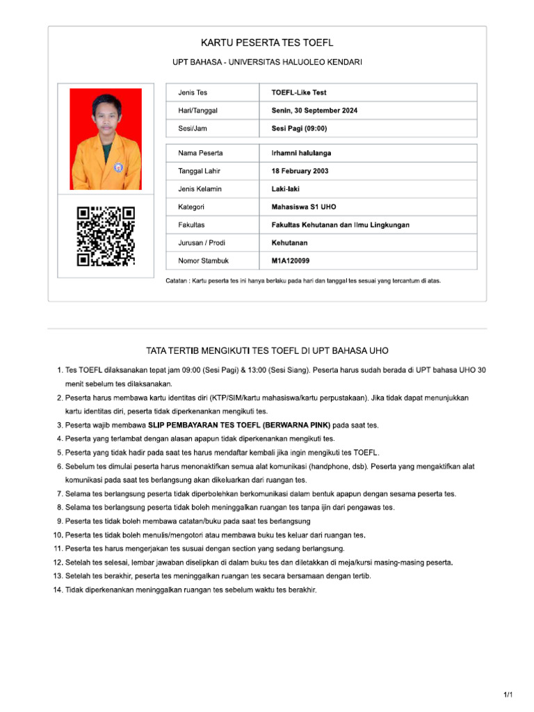 Kartu Peserta Tes TOEFL (Irhamni Halulanga) | PDF