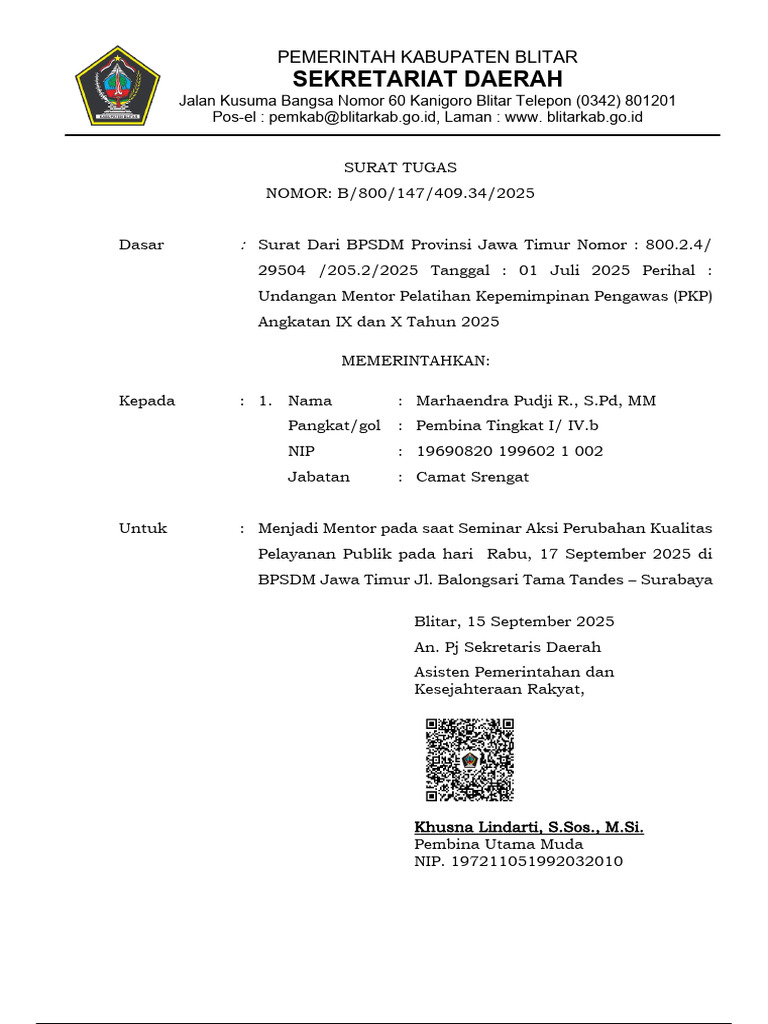 Surat Tugas Menjadi Mentor Pada Diklat PKP | PDF