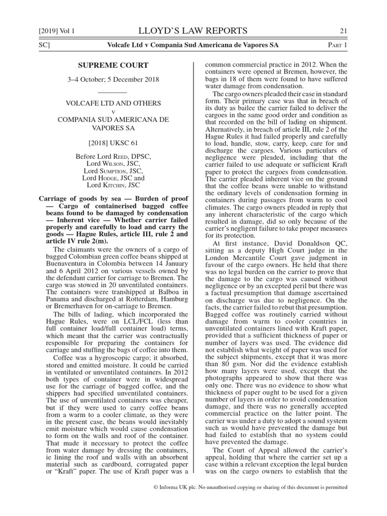 Volcafe LTD and Others V Compania Sud Americana de Vapores Sa | PDF ...
