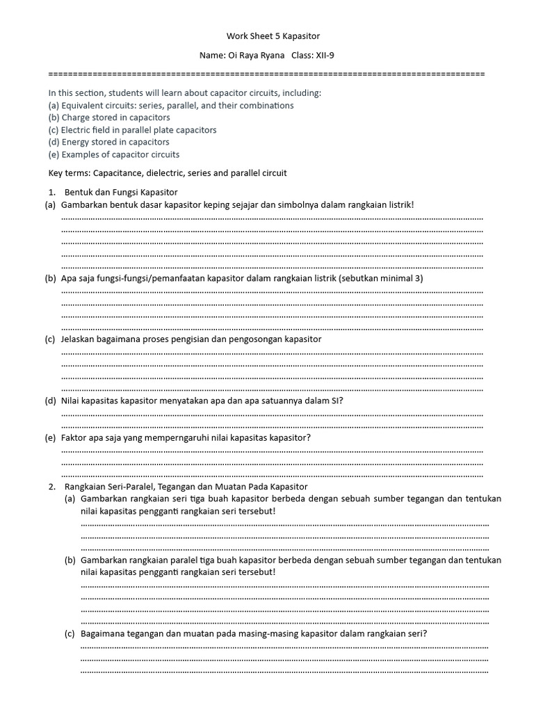 Work Sheet 5 Electrostatics - Kapasitor | PDF | Capacitor | Capacitance