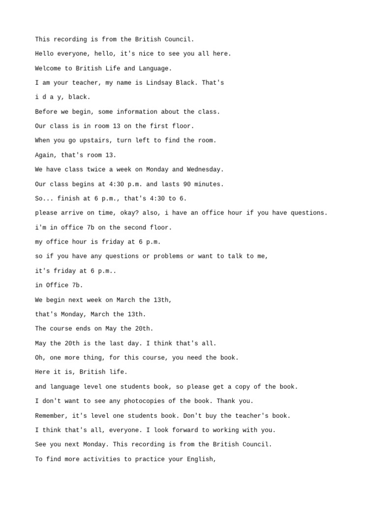 LE Listening A1 The First English Class | PDF