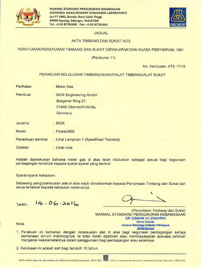 Flowsic600 Ats 17 - 15 Sirim Approval Cert | PDF