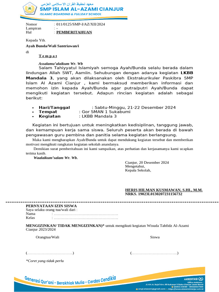 Pemberitahuan LKBB Mandala 3 SMP Al Azami | PDF
