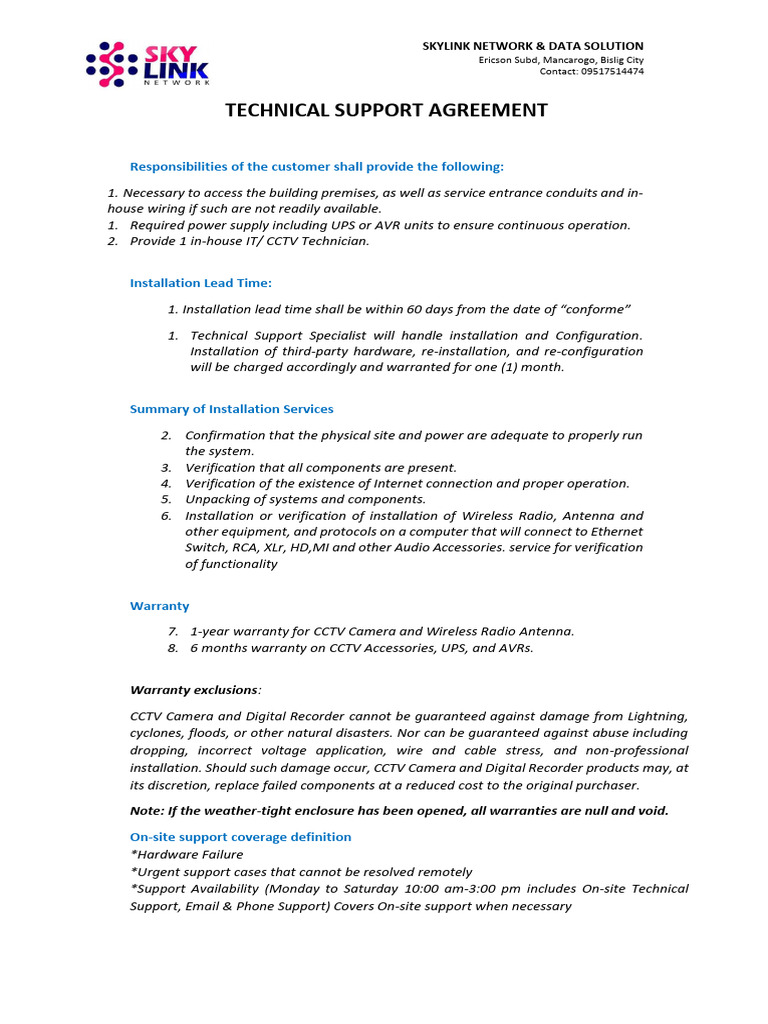 Skylink Technical Support Agreement | PDF | Closed Circuit Television ...