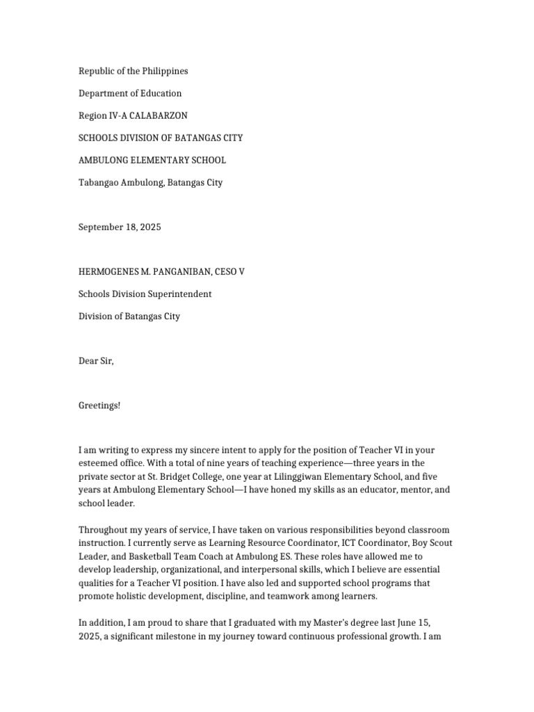 Letter of Intent for Teacher VI Position | PDF