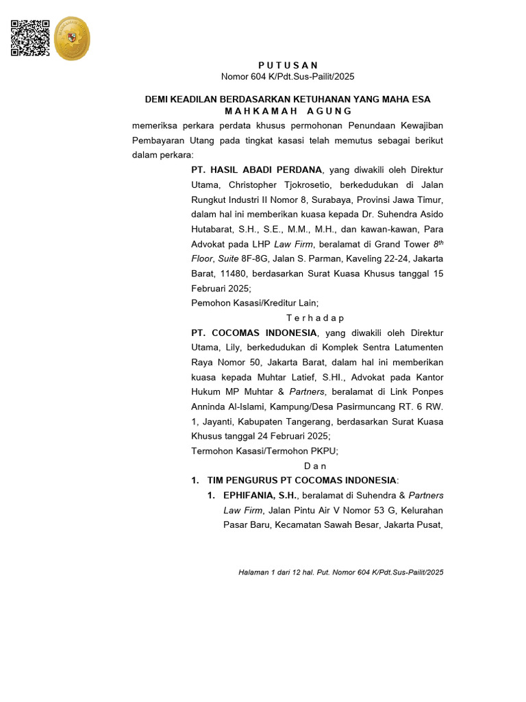 Putusan PKPU PT Cocomas Indonesia | PDF