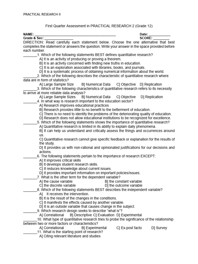 Assessment in Practical Research 2 | PDF | Hypothesis | Quantitative ...