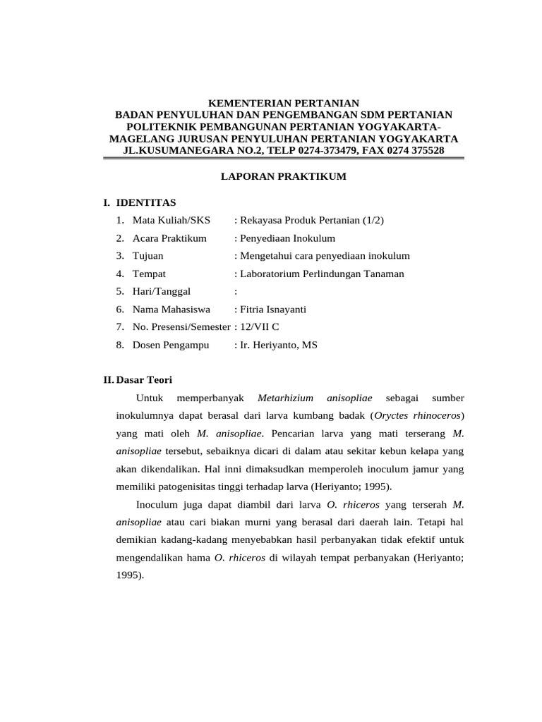 Penyediaan Inokulum M. anisopliae untuk O. rhinoceros | PDF