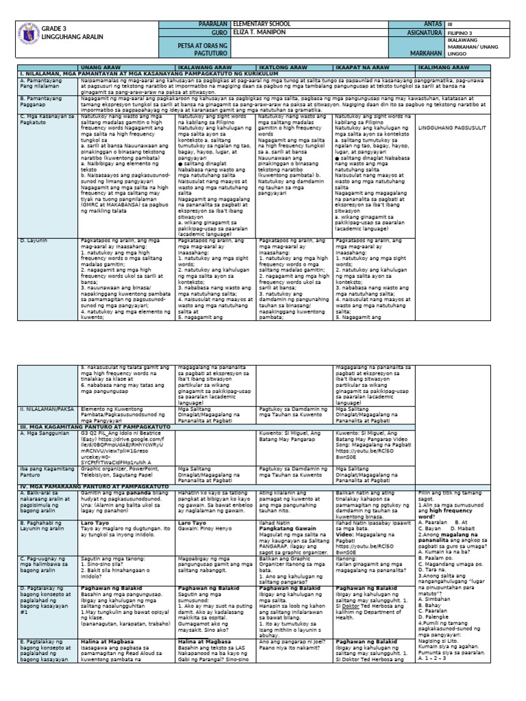 Filipino3 Q2 DLL WK1 8 | PDF