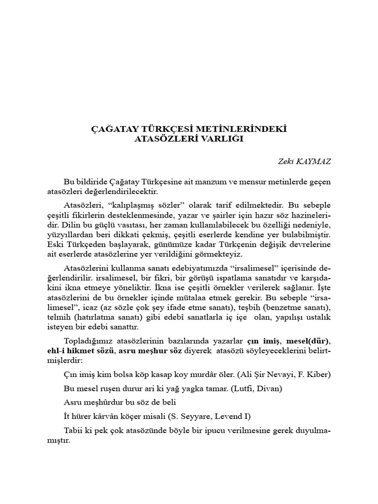 Cagatay Turkcesi Metinlerindeki Atasozle | PDF